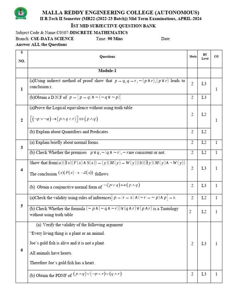 DM I Mid Question Bank 1 | PDF | Mathematical Logic | Mathematical Analysis