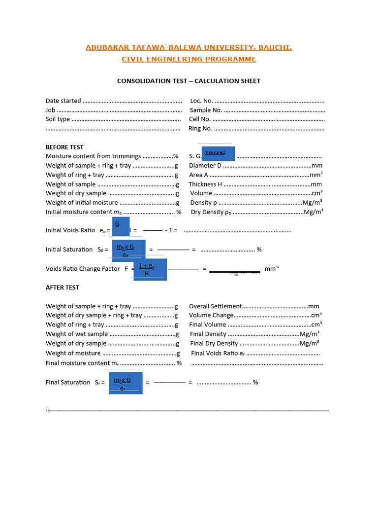 014a_Consolidation Test (Calculation sheet) | PDF