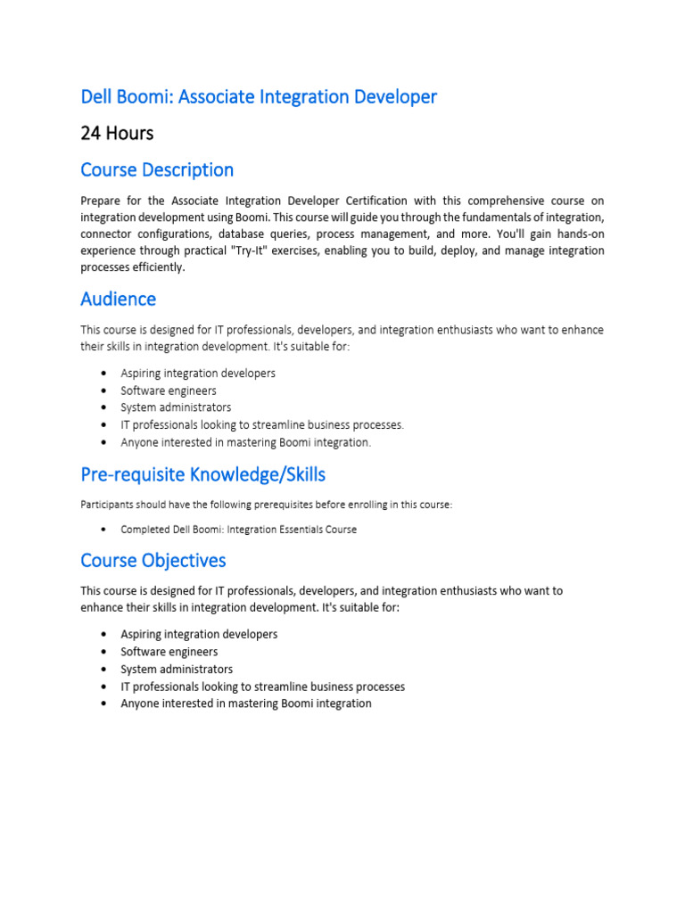 24 Hours: Dell Boomi: Associate Integration Developer | PDF | Databases | Computing