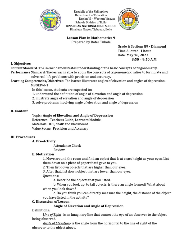 Lesson Plan Math 9 Demo | PDF | Learning | Trigonometry
