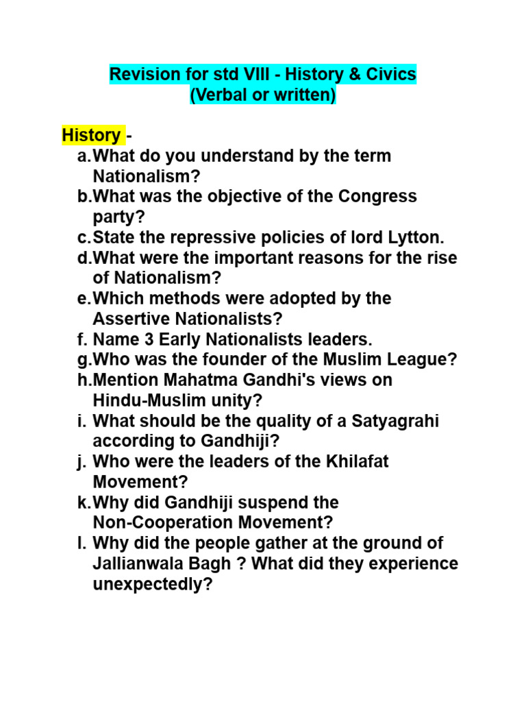 8 History - Revision For Final Exam | PDF | Mahatma Gandhi | Indian ...