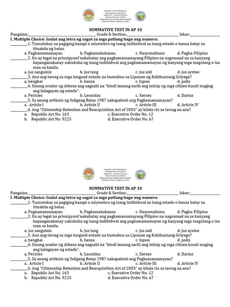 Summative Ap10 q4 Aralin 1 | PDF