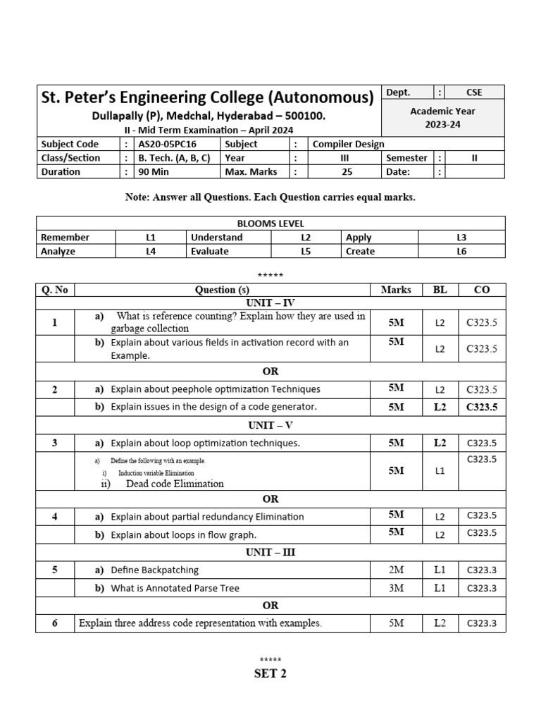 3-2 CD CSE II Mid Question Paper-April 2024 | PDF | Program Optimization | Parsing