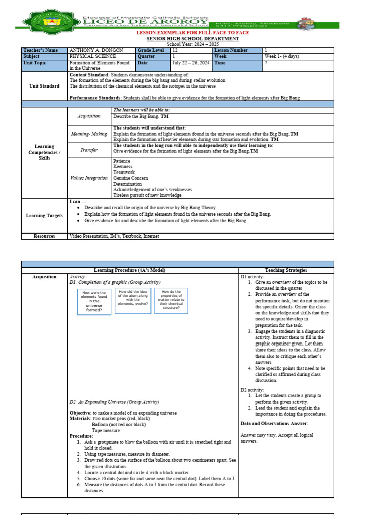 PHYSICAL SCIENCE LESSON EXEMPLAR | PDF | Universe | Big Bang