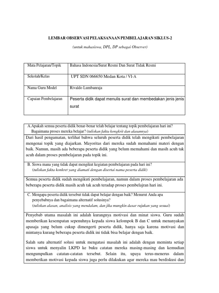 LK 4 Lembar Observasi Pelaksanaan Pembelajaran Siklus 2 | PDF