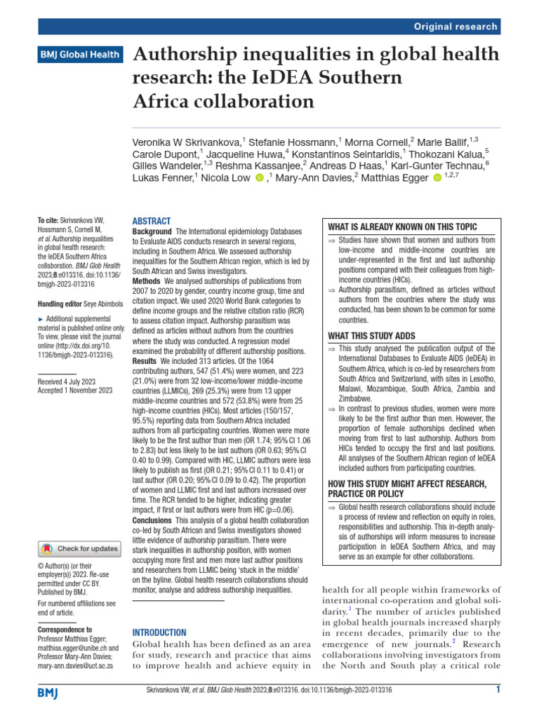 Authorship Inequalities in Global Health Research | PDF | Global Health ...