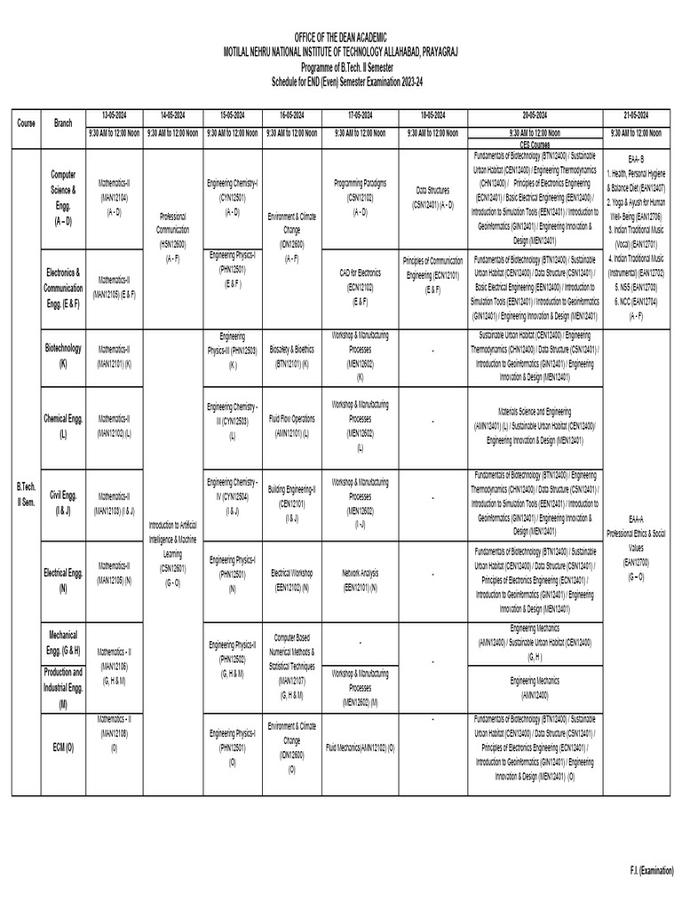 Tentative End Even Semester Exam Schedule 2023-24 | PDF | Engineering ...