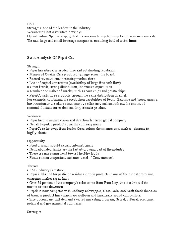 Pepsi Swot | PDF | Social Science