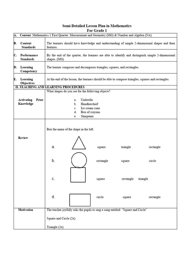 LESSON PLAN - GRADE1-MATH v.3 | PDF | Shape | Learning