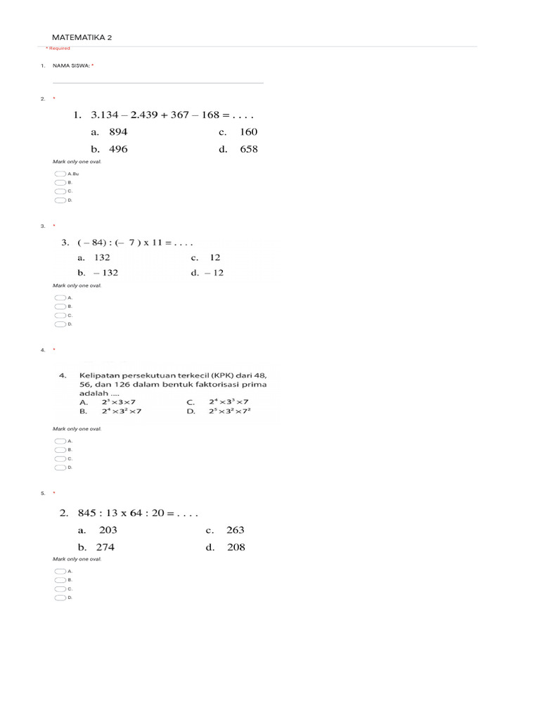 LATIHAN SOAL MATEMATIKA 2 - Google Forms | PDF