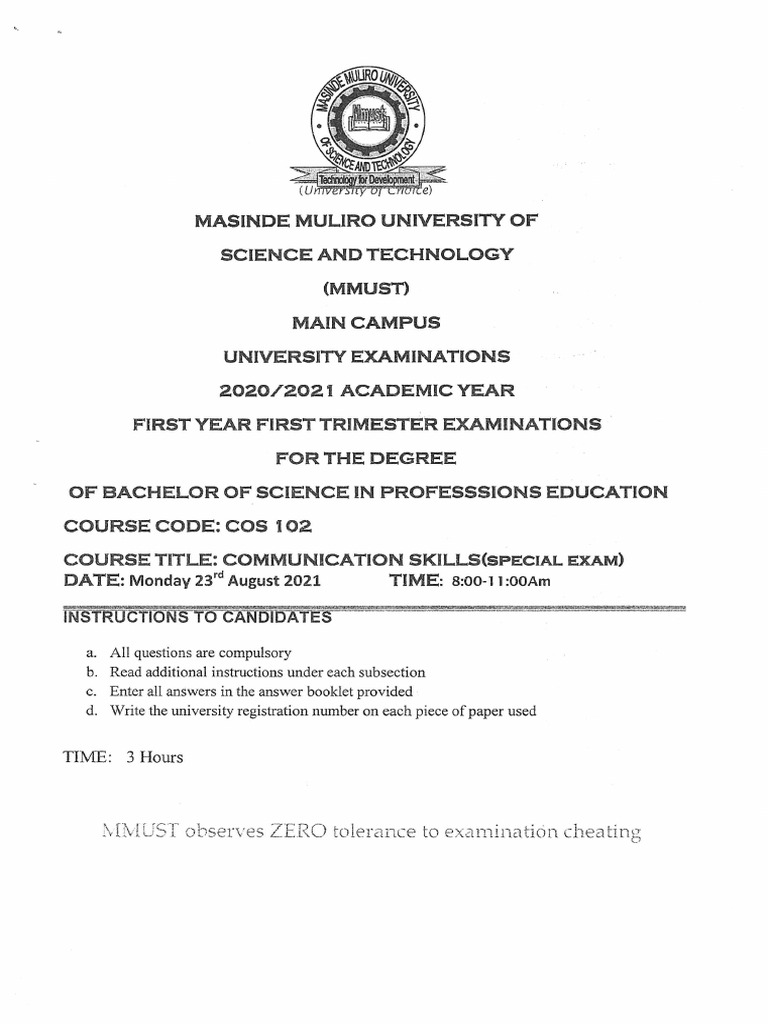 COS 102 COMMUNICATION SKILLS SPECIAL EXAM | PDF