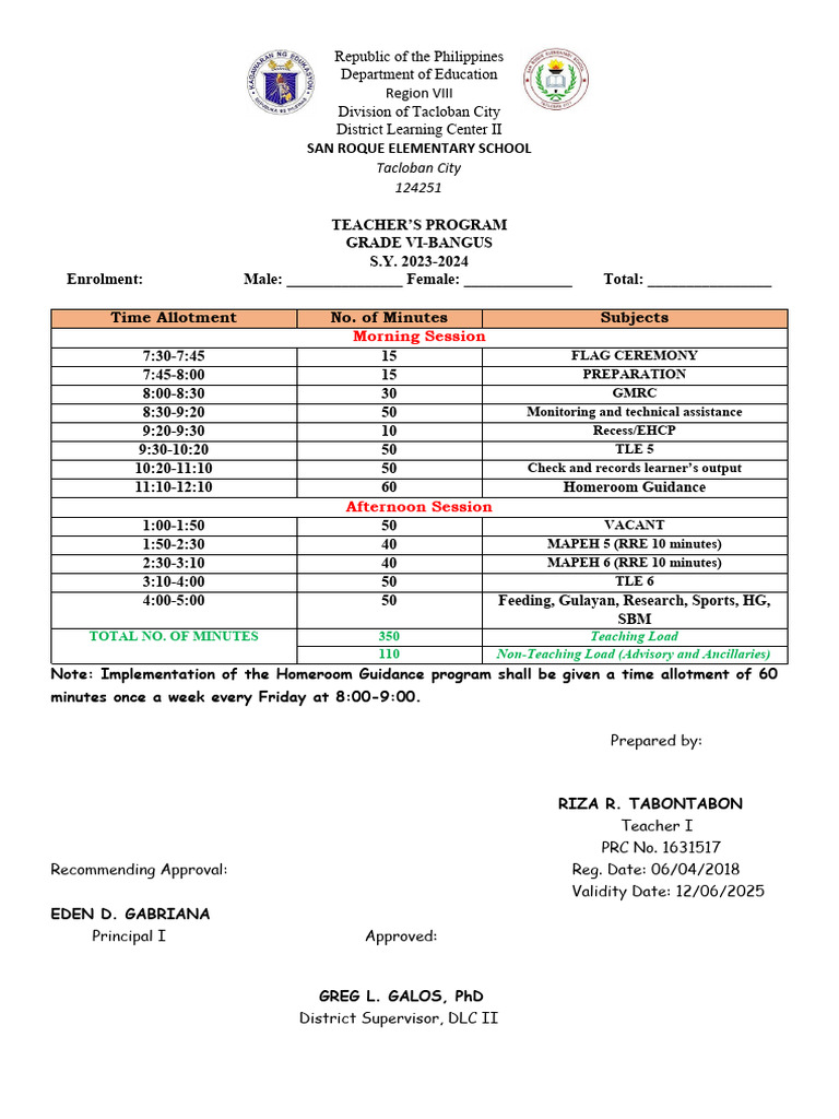 Grade VI Bangus Teacher's Program 2023-2024 | PDF | Learning | Teaching