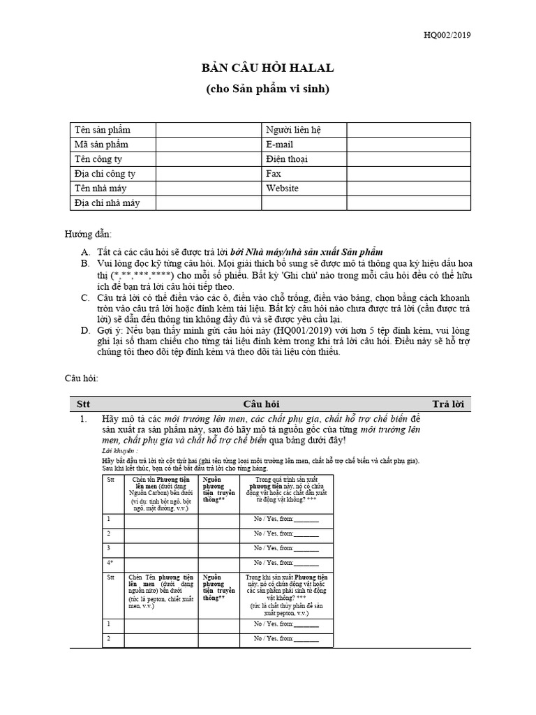 Halal Questionnaire For Microbial Products (HQ002) | PDF