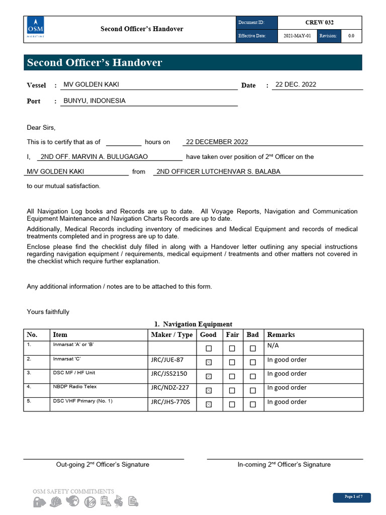 CREW 032 - Second Officer's Handover | PDF | Navigation