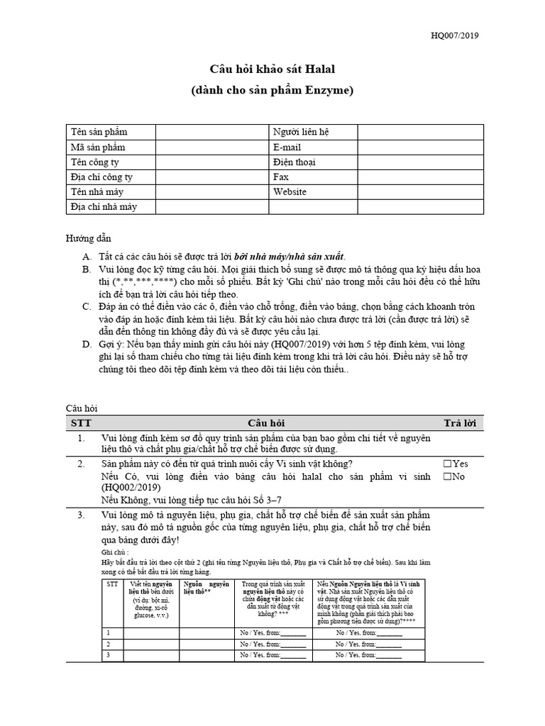 Halal Questionnaire For Enzyme (HQ007) | PDF