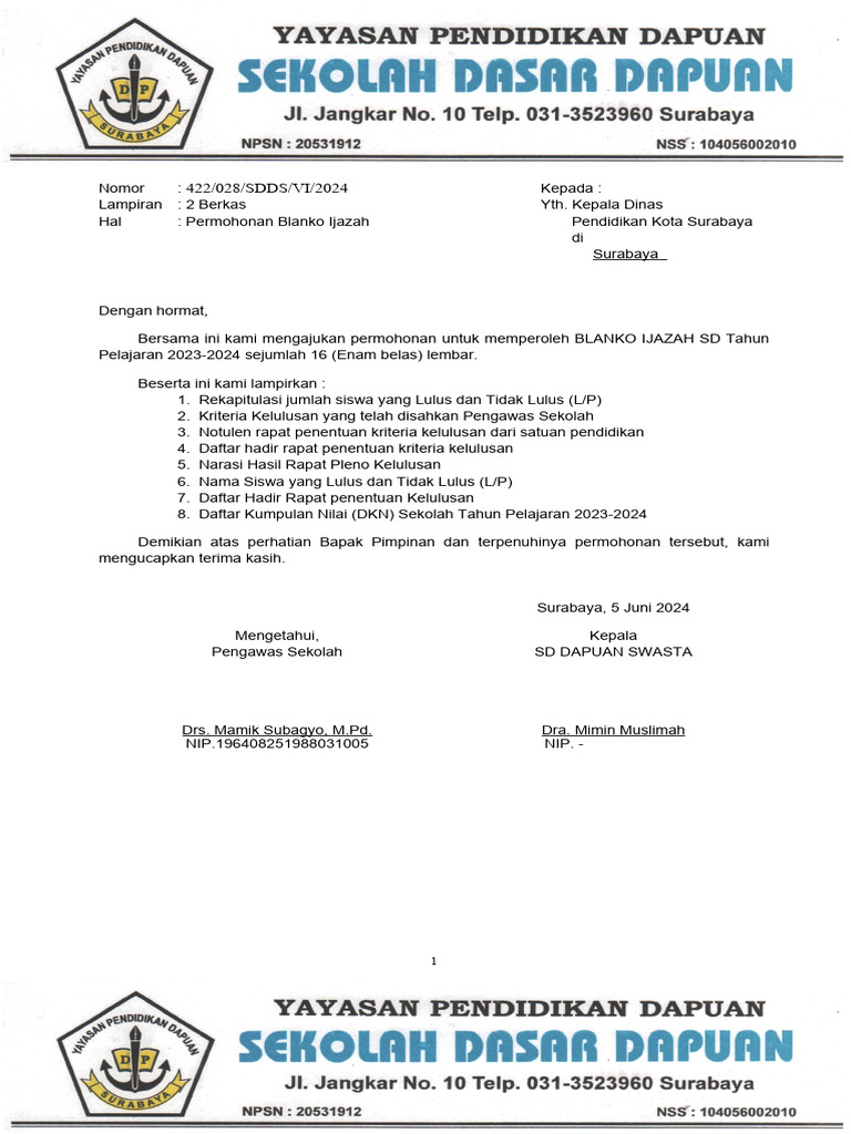 Permohonan Blanko Ijazah SD 2024 | PDF