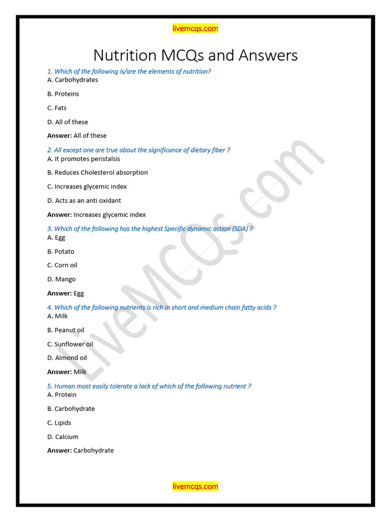 A814e Nutrition Mcqs and Answers | PDF | Fat | Nutrition