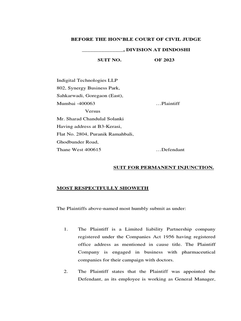 Suit For Permnant Injunction | PDF | Lawsuit | Complaint