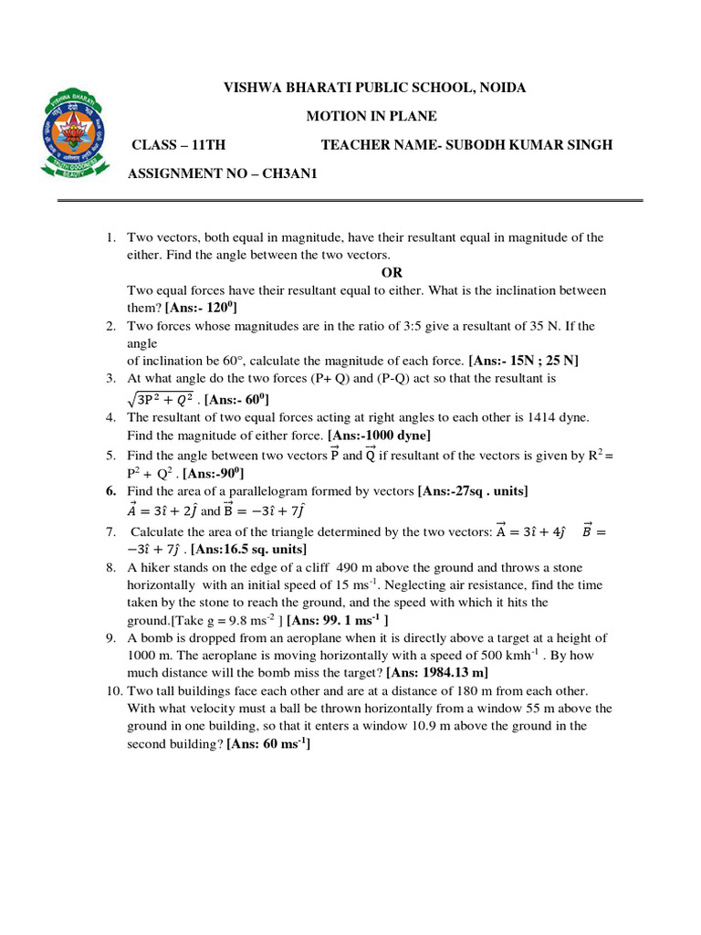 Motion in Plane Assignment for Class 11 | PDF
