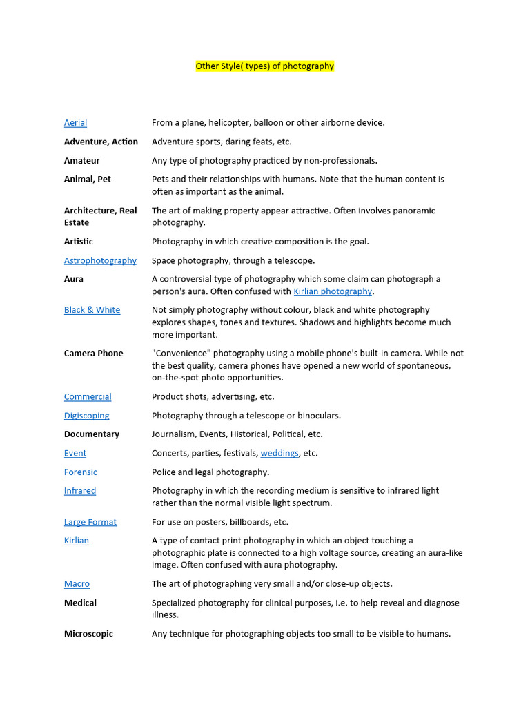 Types of Photography Explained | PDF | Photograph | Camera