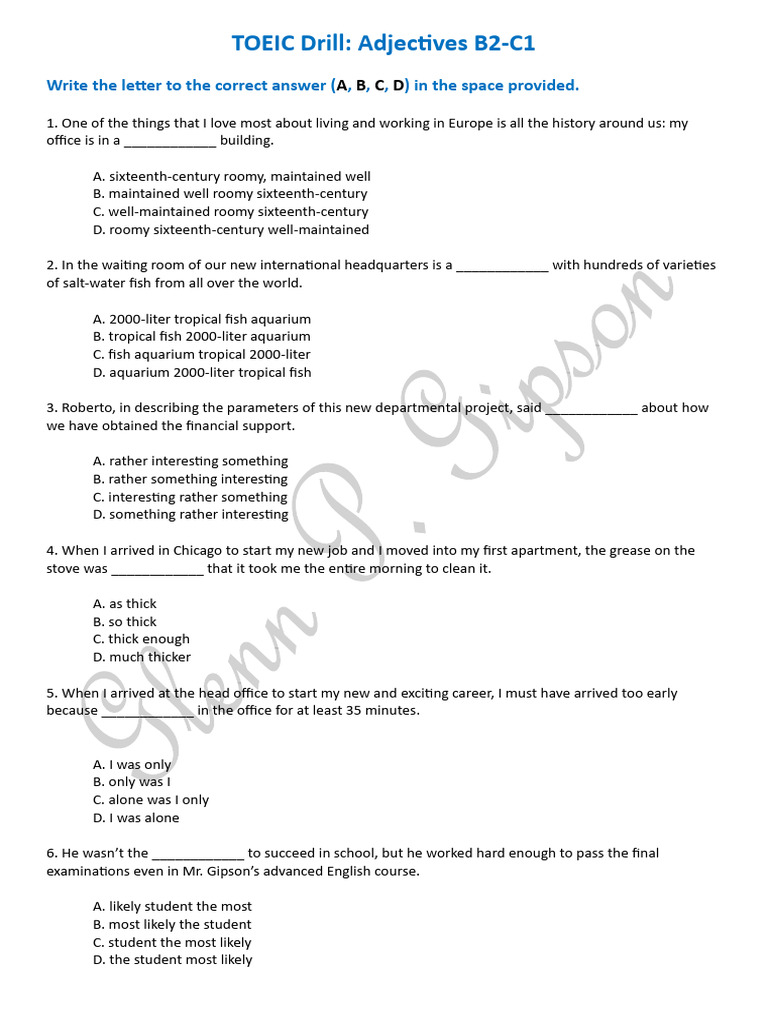 TOEIC Drill Adjectives B2-C1 Worksheet | PDF | Career & Growth | Home & Garden