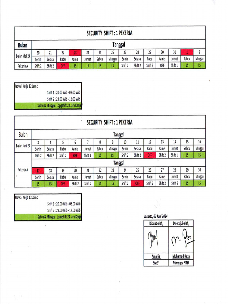 Jadwal Shift Security Bulan Juni 2024 | PDF