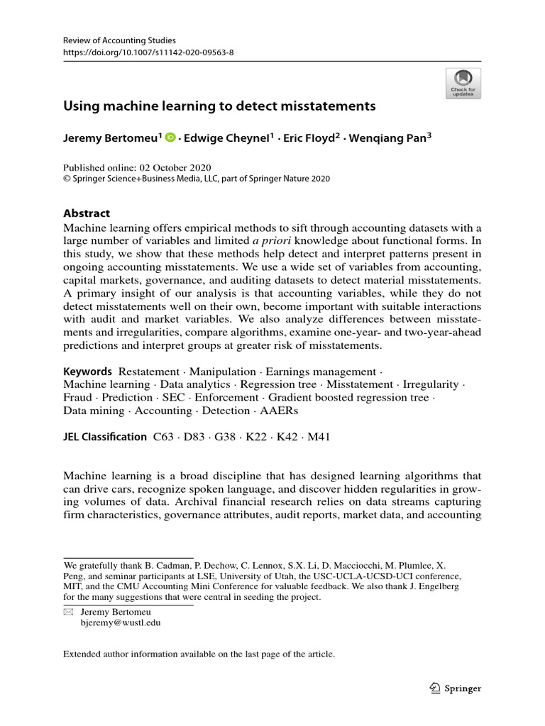 Using Machine Learning To Detect Misstatements: Jeremy Bertomeu Edwige Cheynel Eric Floyd ...