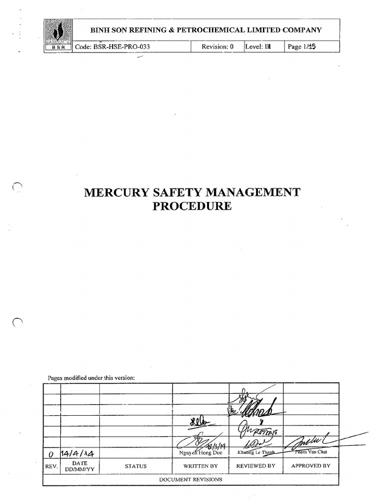 BSR-HSE-PRO-033 - Mercury Management Procedure Rev 0 | PDF
