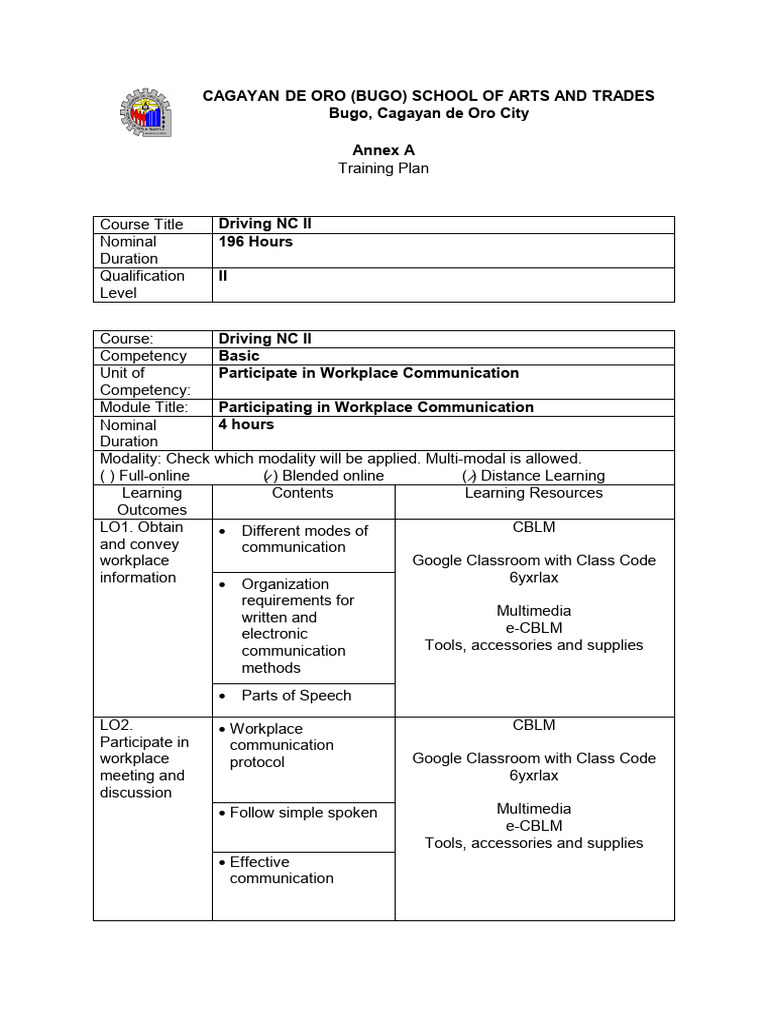Driving NC II Training Plan Overview | PDF | Occupational Safety And ...