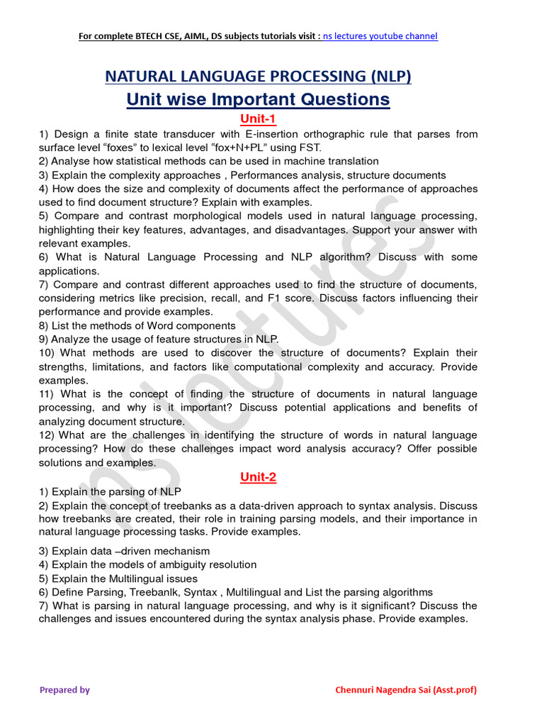 NLP Unitwise Imp Questions | PDF | Parsing | Semantics