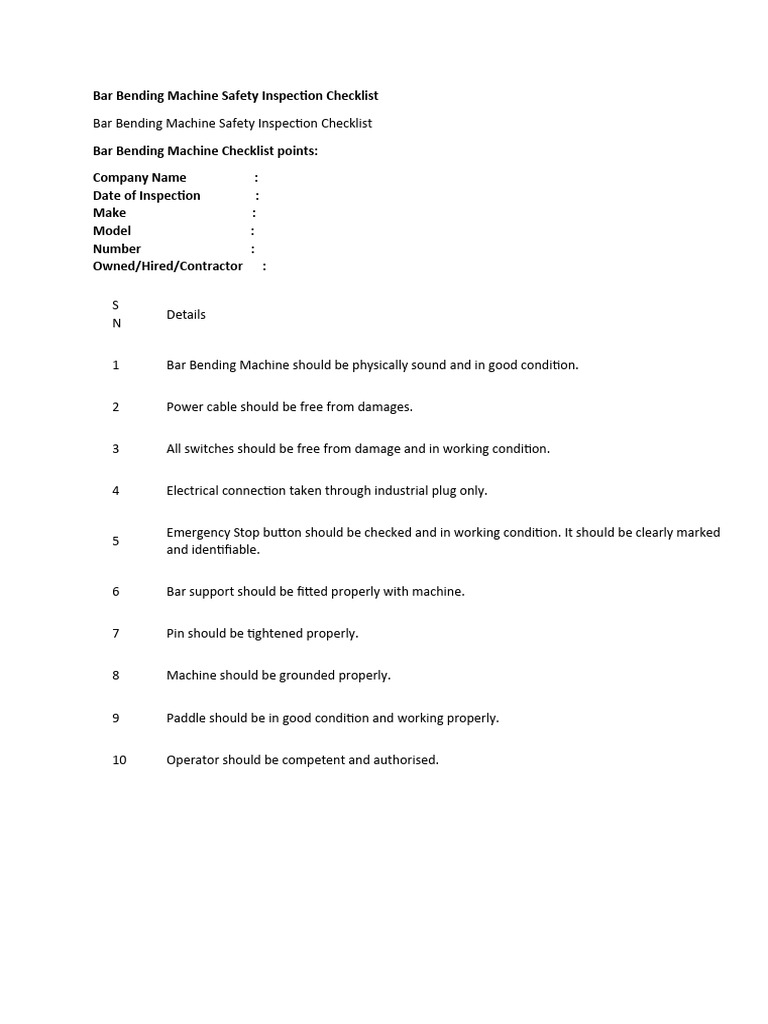 Bar Bending Machine Safety Checklist | PDF | Home & Garden