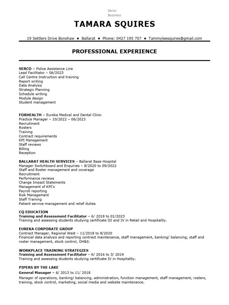 Tamara Squires - Food Amp Beverage Attendant RSA - Resume | PDF | Social Programs | Business