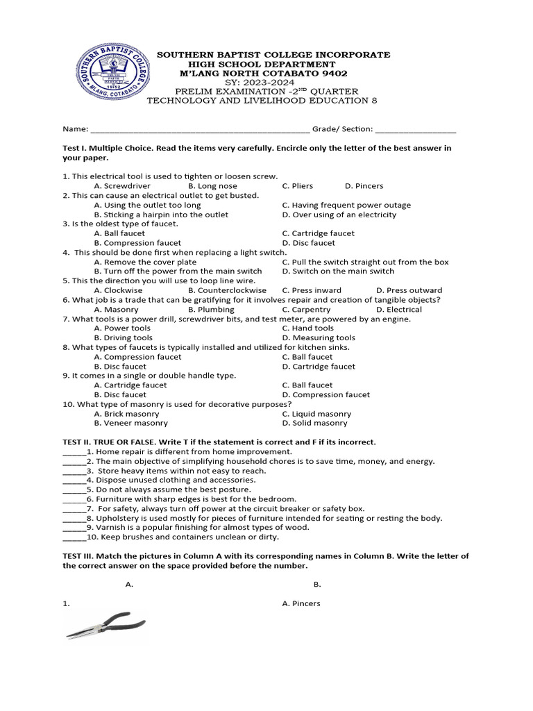 TLE 8 Prelim Exam 2nd Quarter Guide | PDF | Tap (Valve) | Masonry