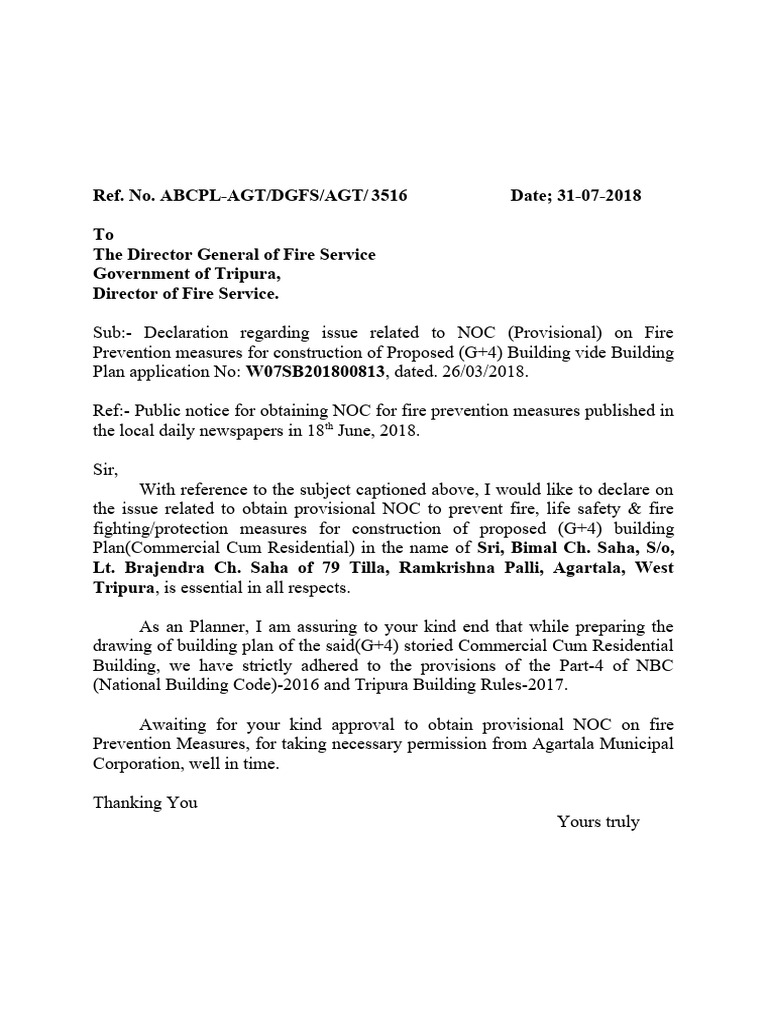 NOC Declaration for Fire Safety Measures | PDF | Finance & Money Management