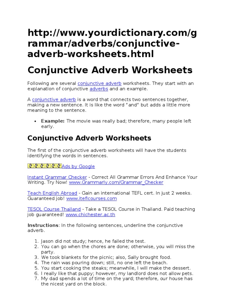 Conjunctive Adverb Worksheets | PDF | Adverb | Linguistics