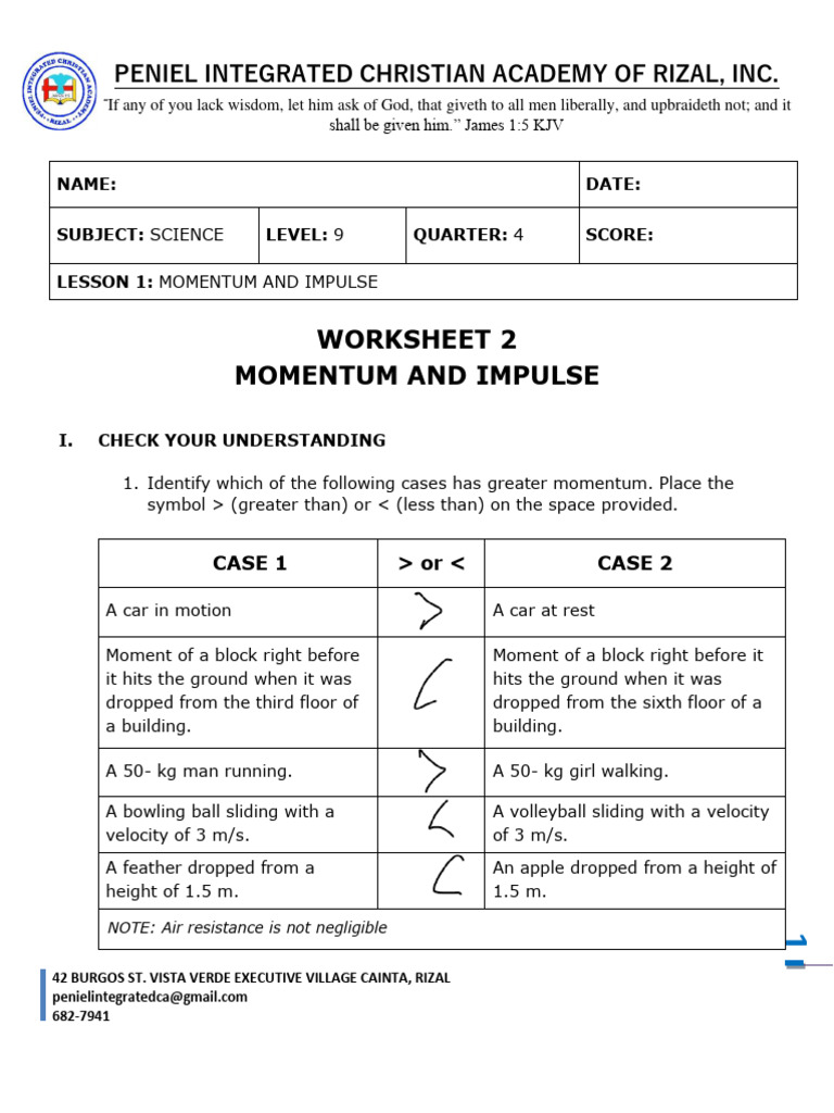 Science 9 - q4 - Ww3 - Impulse and Momentum | PDF | Religious Belief ...
