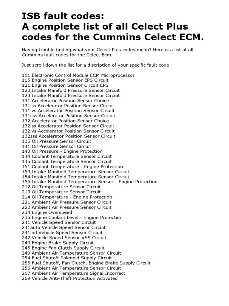 Cummins Celect Plus Fault Codes List | PDF | Throttle | Fuel Injection