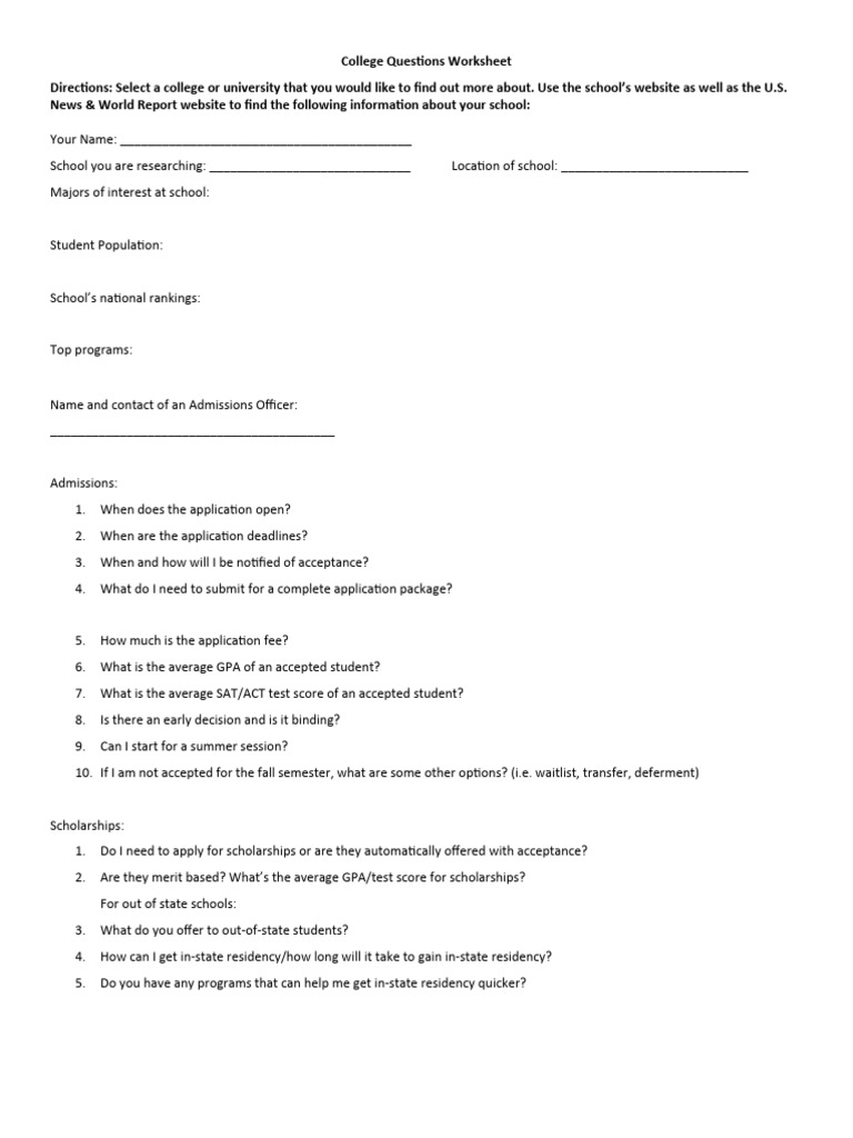 College Research Questions Worksheet | PDF | Universities And Colleges ...