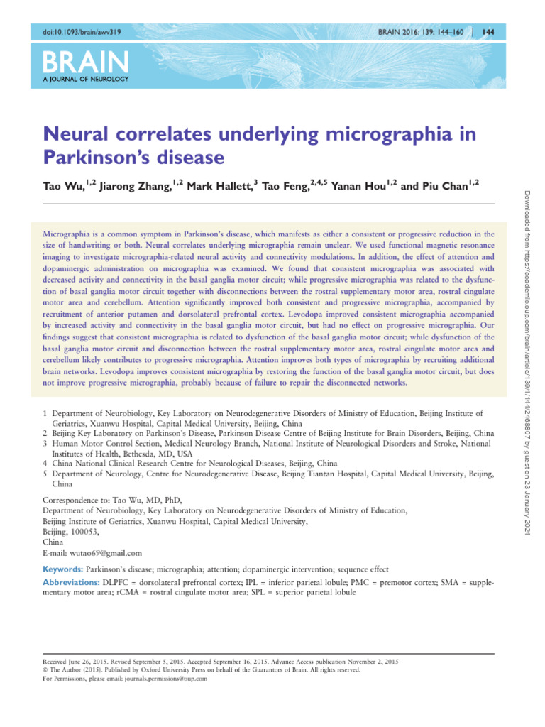 Neural Correlates Underlying Micrographia in Parkinson's Disease | PDF ...