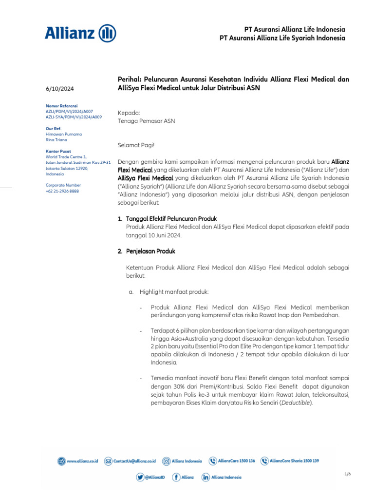 Memo - Peluncuran Produk Allianz Flexi Medical AlliSya Flexi Medical | PDF