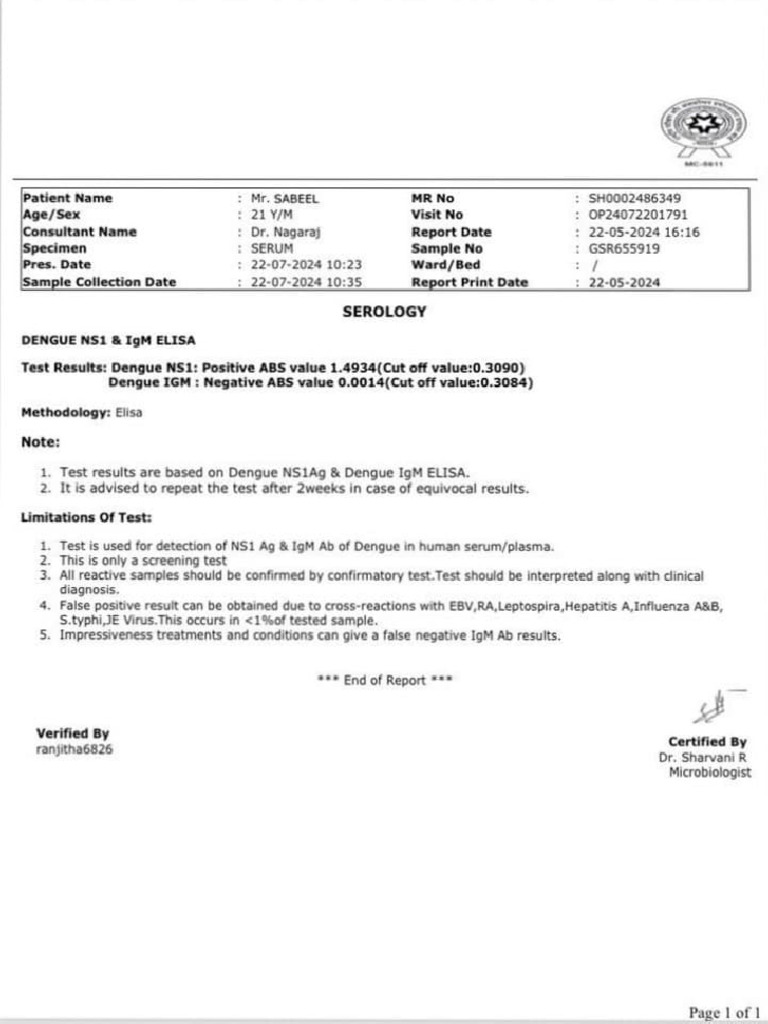 Dengue Serology Test Results | PDF