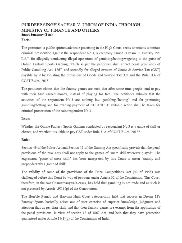 Gaming Judgement Gurdeep Singh Sachar V | PDF | Rummy | Gambling