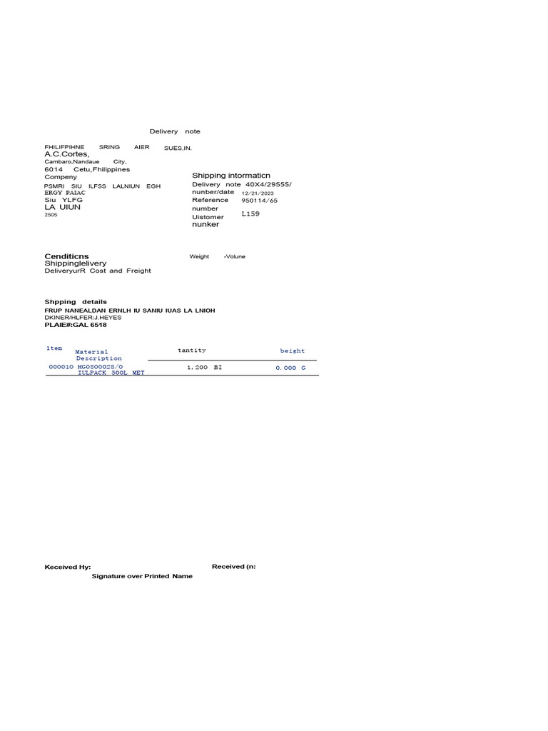 Delivery Note for Shipping Details | PDF