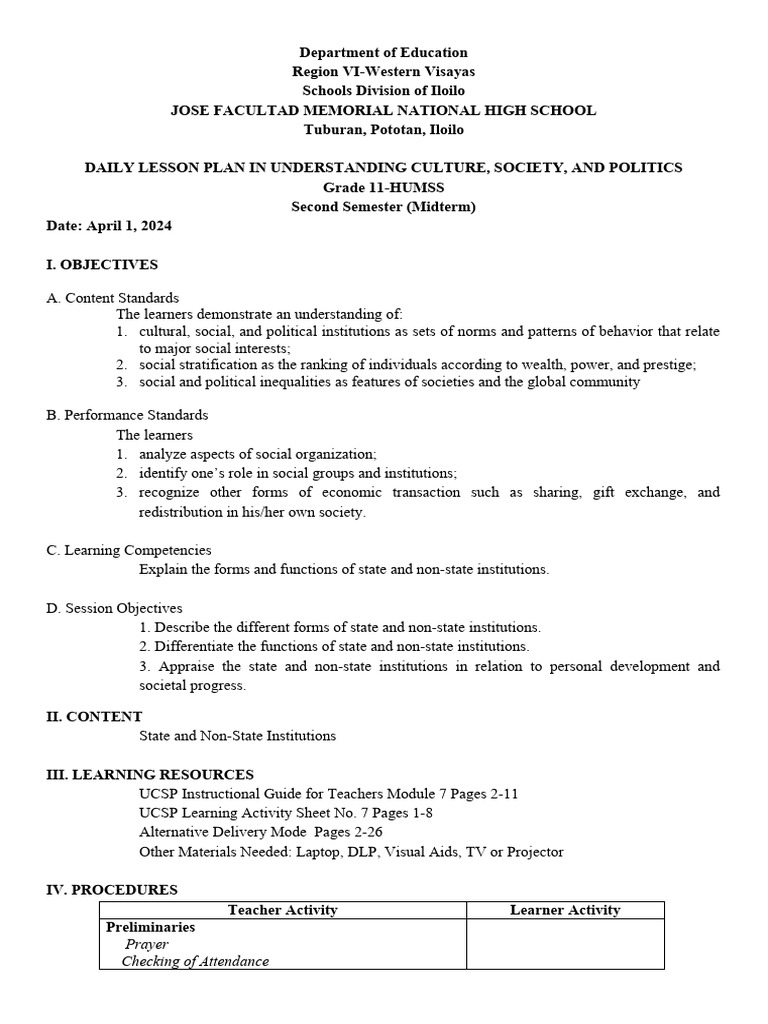 UCSP DLP EDEN PEARL 7.1 Forms and Functions of State and Non-State Institutions True | PDF ...