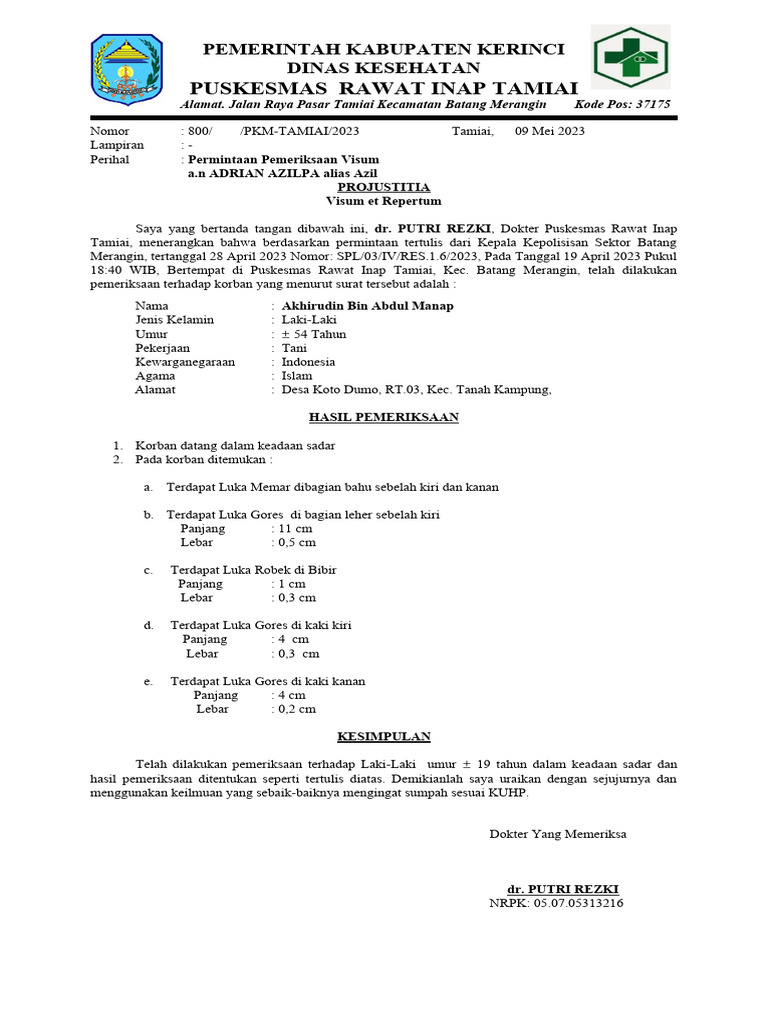 Contoh Surat Visum Puskesmas Tamiai | PDF