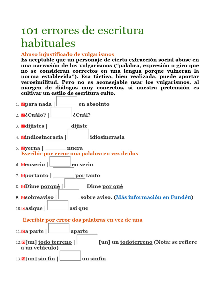 101 Errores de Escritura Habituales | PDF | Mecánica del lenguaje ...