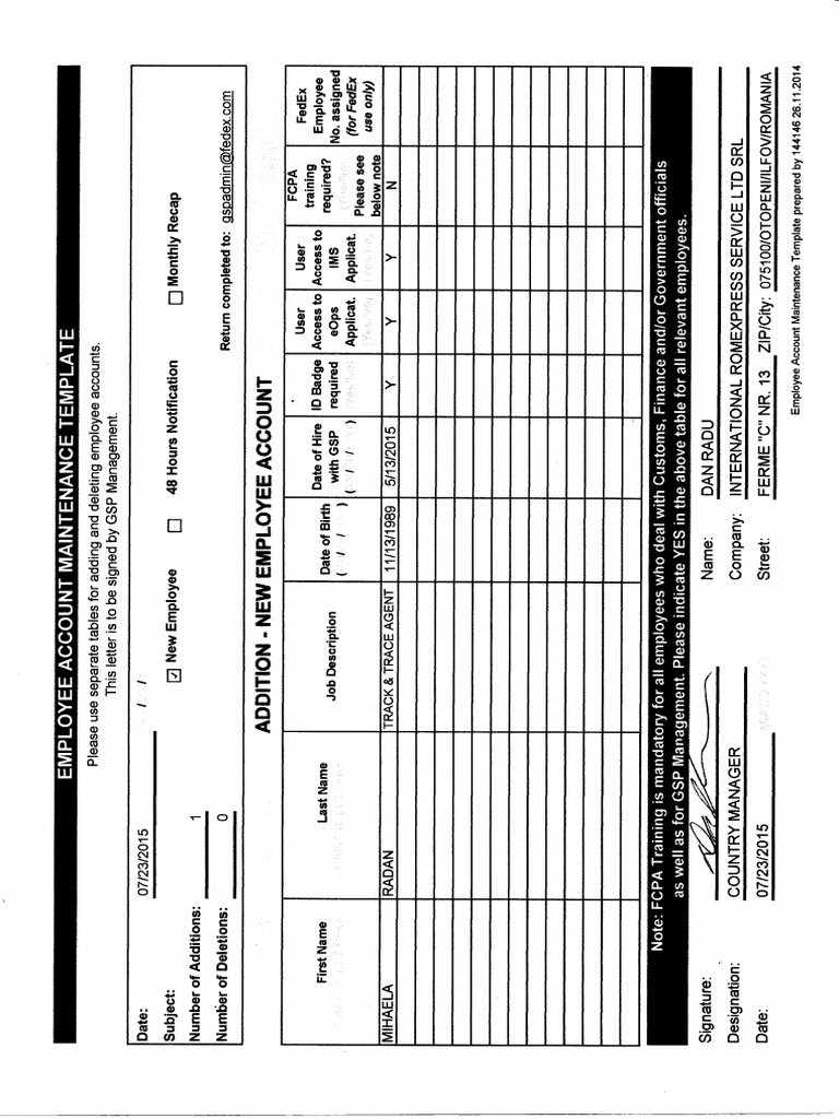 Employee Acct Maint - FCPA Training Req Template V1.2 | PDF