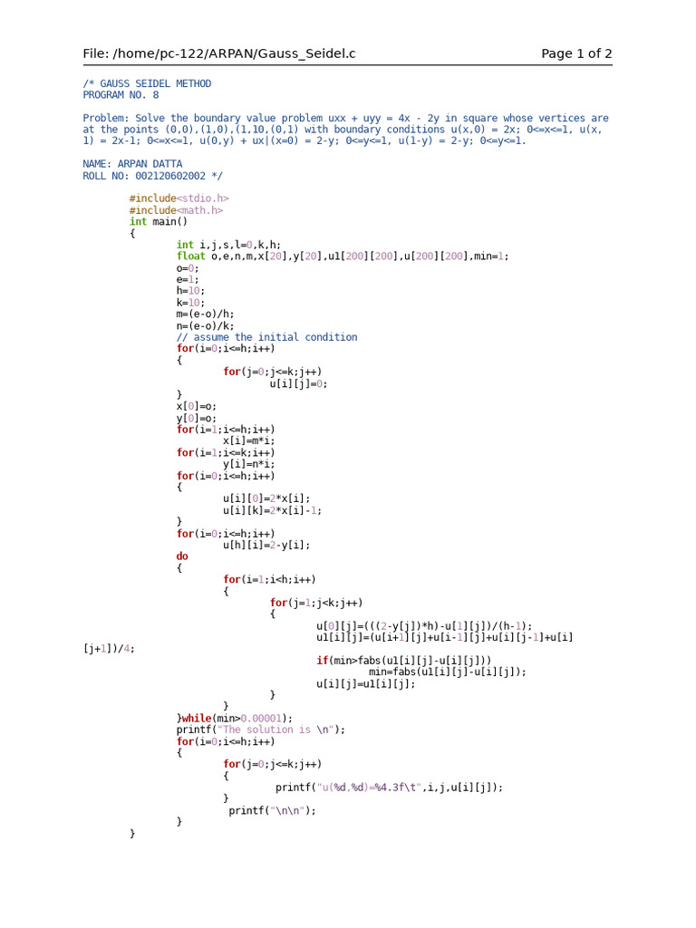 Gauss Seidel.c | PDF | Mathematical Objects | Computer Programming