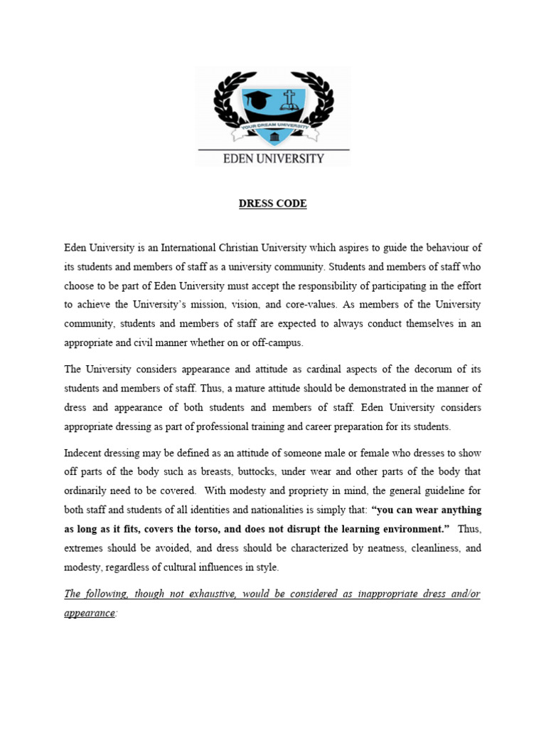 Eden University Dress Code | PDF | Clothing | Modesty