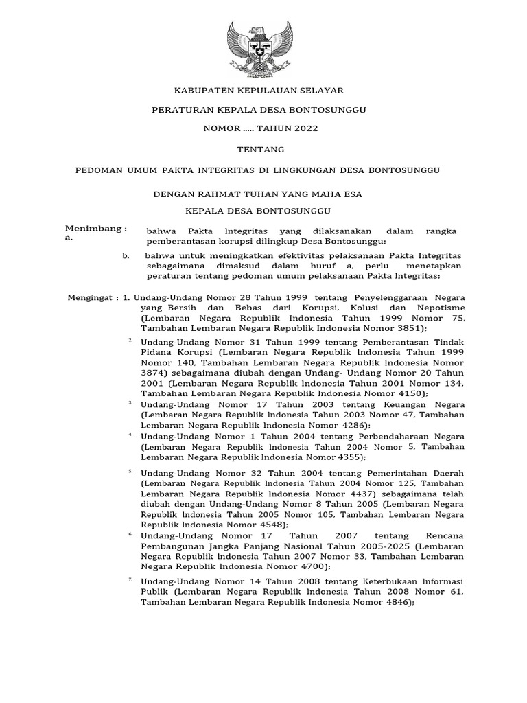 Perkades Pedoman Umum Pakta Integritas Desa Bontosunggu | PDF